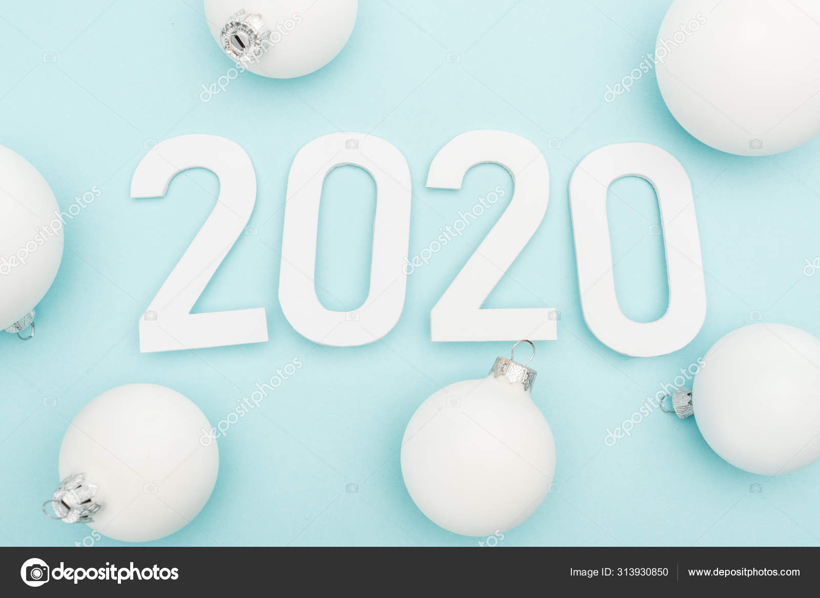 Top View White 2020 Numbers Christmas Baubles Light Blue Background ...