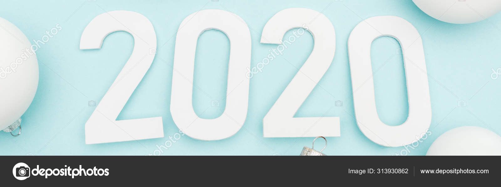 Top View White 2020 Numbers Christmas Baubles Light Blue Background ...