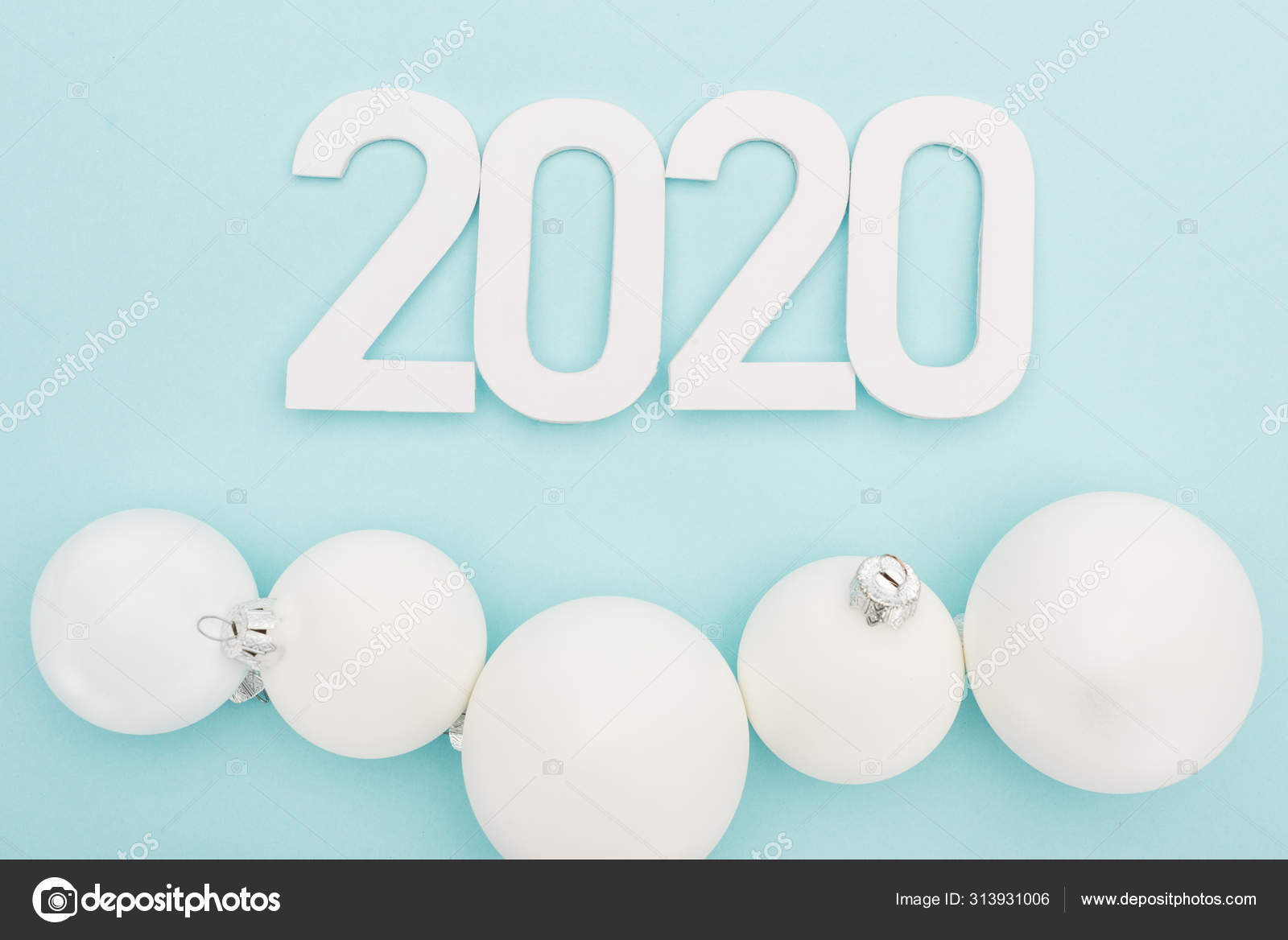 Top View White 2020 Numbers Christmas Baubles Light Blue Background ...