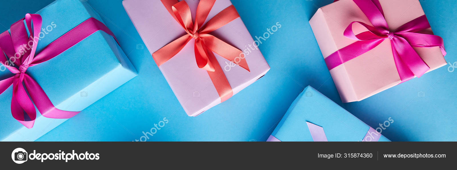 Top View Colorful Gift Boxes Blue Background Panoramic Shot — Stock ...
