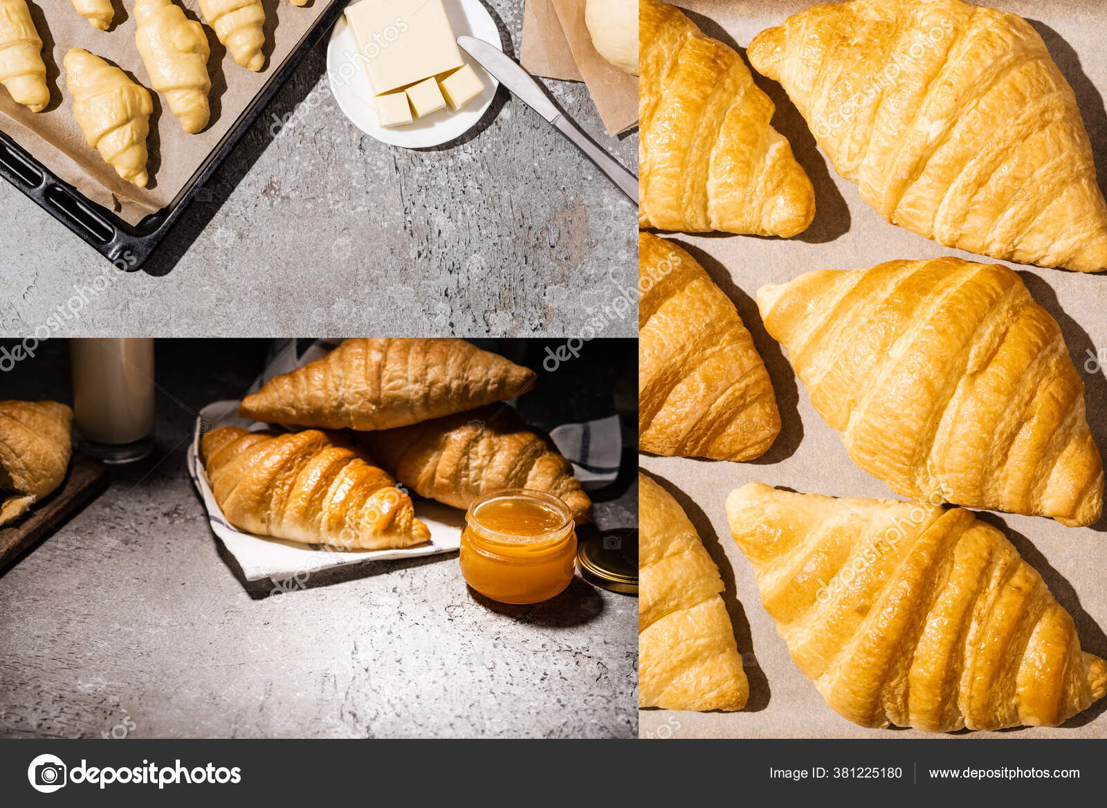 Collage Raw Fresh Baked Croissants Butter Jam Concrete Grey Surface ...
