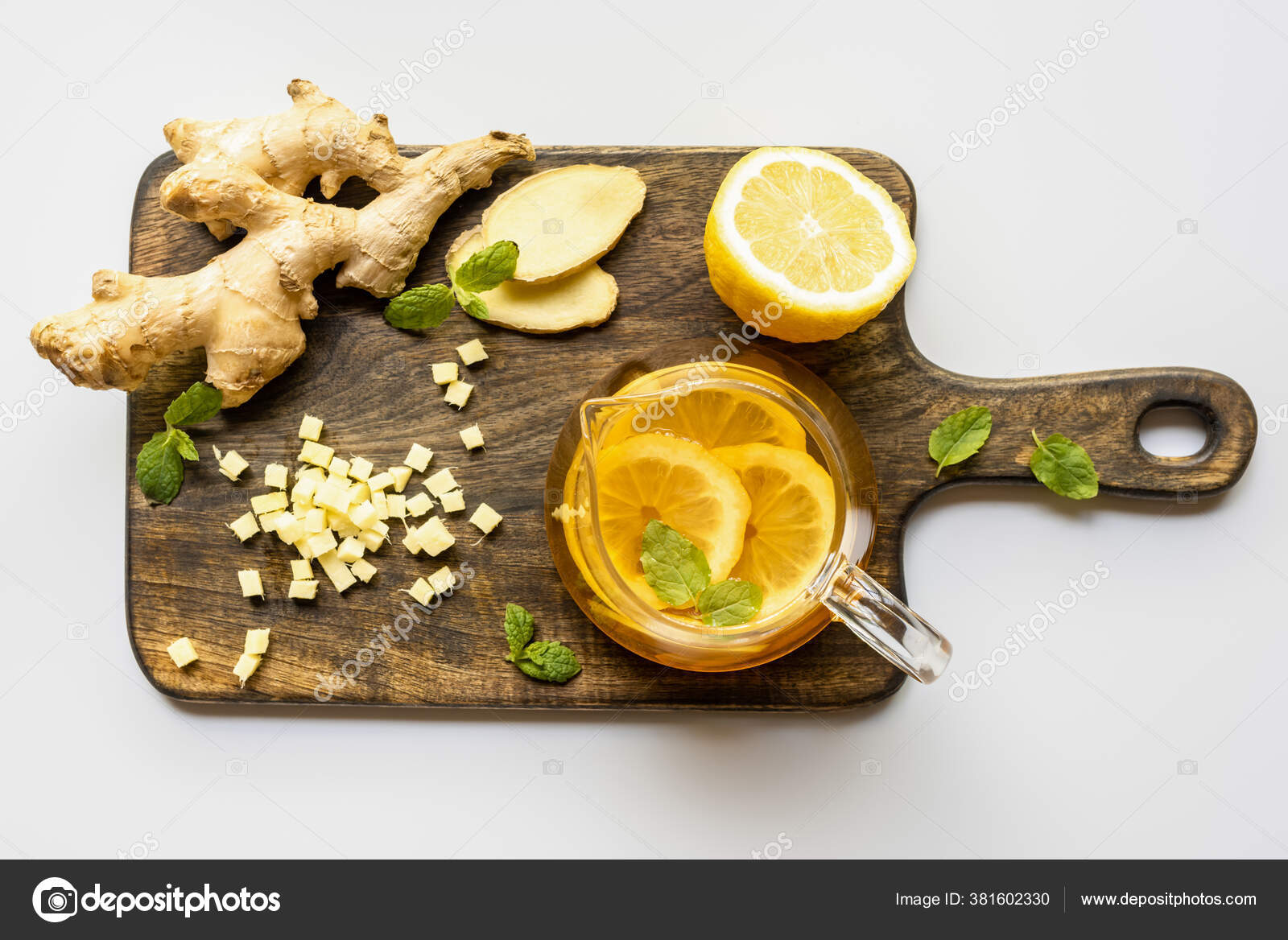 Top View Hot Tea Ginger Root Lemon Mint Wooden Cutting Stock Photo by ...