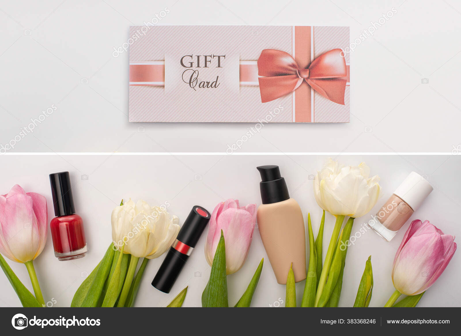 Collage Gift Card Decorative Cosmetics Tulips White Surface — Stock ...