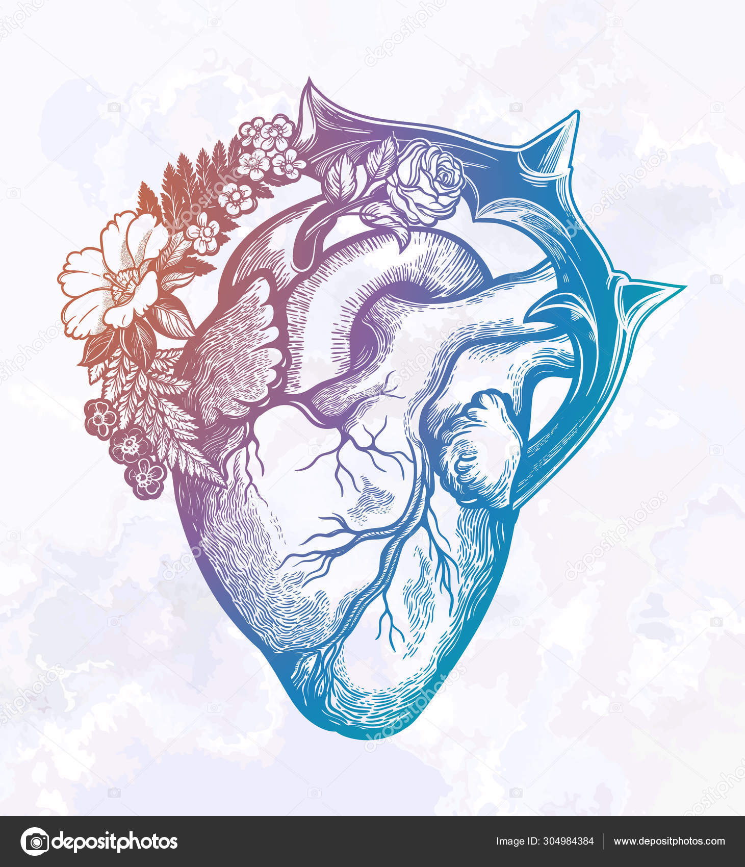 Naturalistic heart in a frame of flowers and thorns.Vintage gothic ...