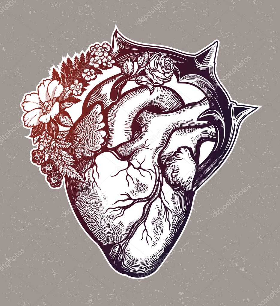 Corazón naturalista en un marco de flores y espinas.Estilo gótico ...