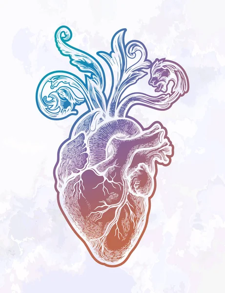 Naturalistic heart in a frame of flowers and thorns.Vintage gothic ...