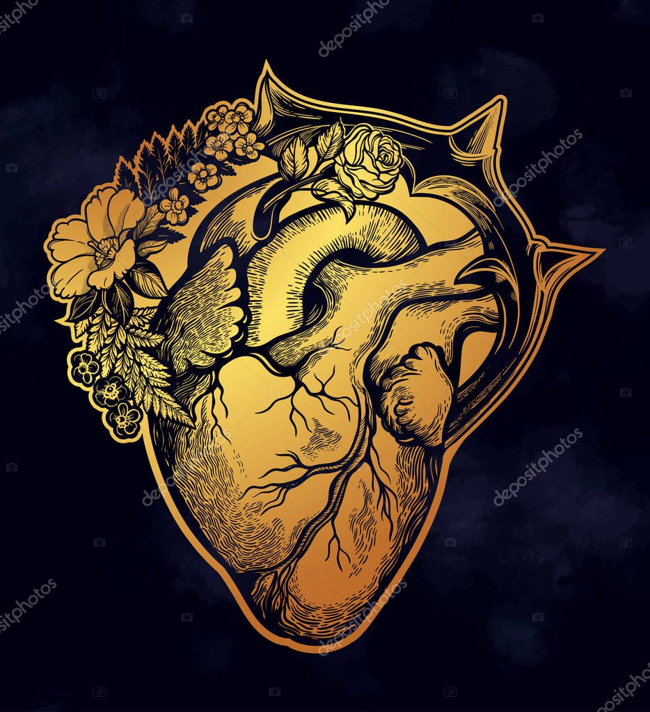 Corazón naturalista en un marco de flores y espinas.Estilo gótico ...