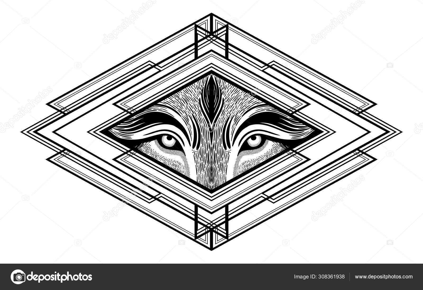 Wolf eyes in geometric setting.Dreamy magic art. Night, nature, wicca ...