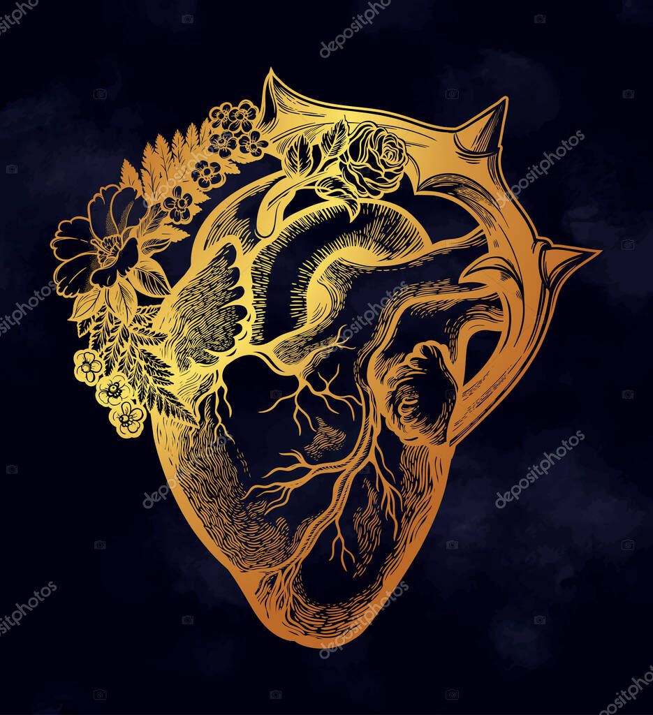 Corazón naturalista en un marco de flores y espinas.Estilo gótico ...