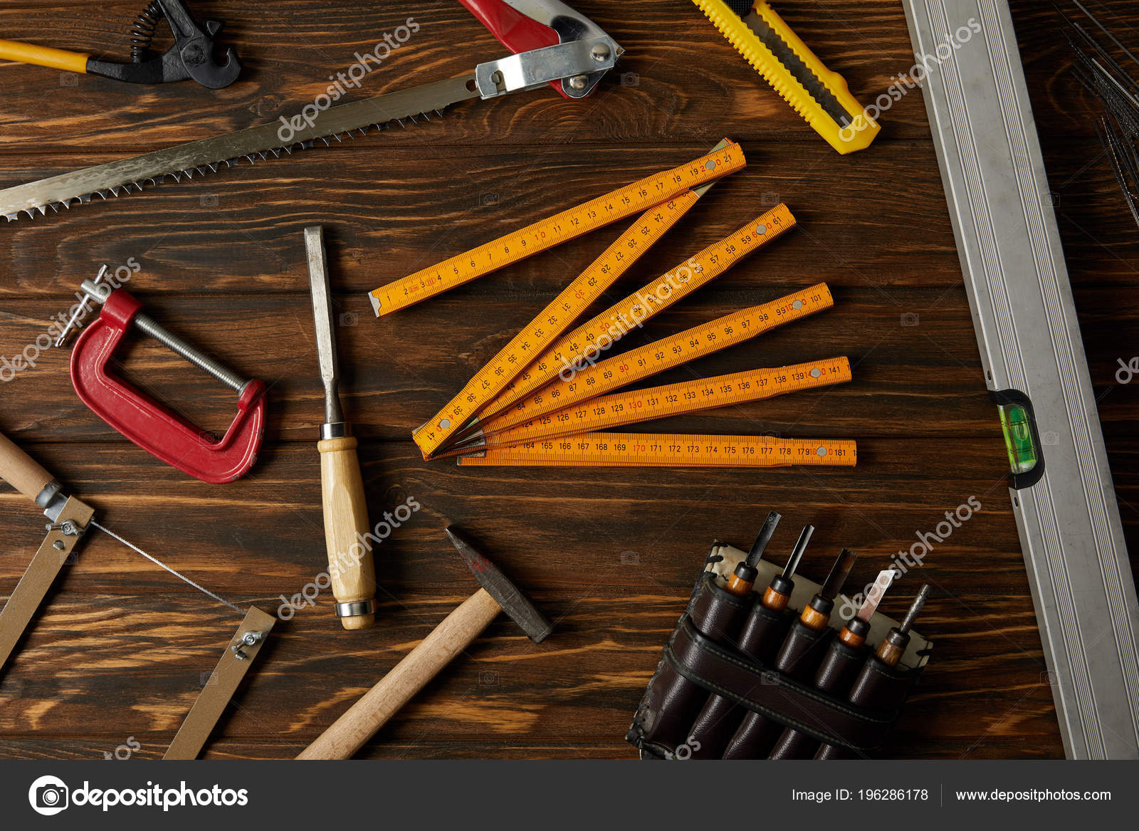 Top View Different Tools Brown Wooden Table — Stock Photo ...