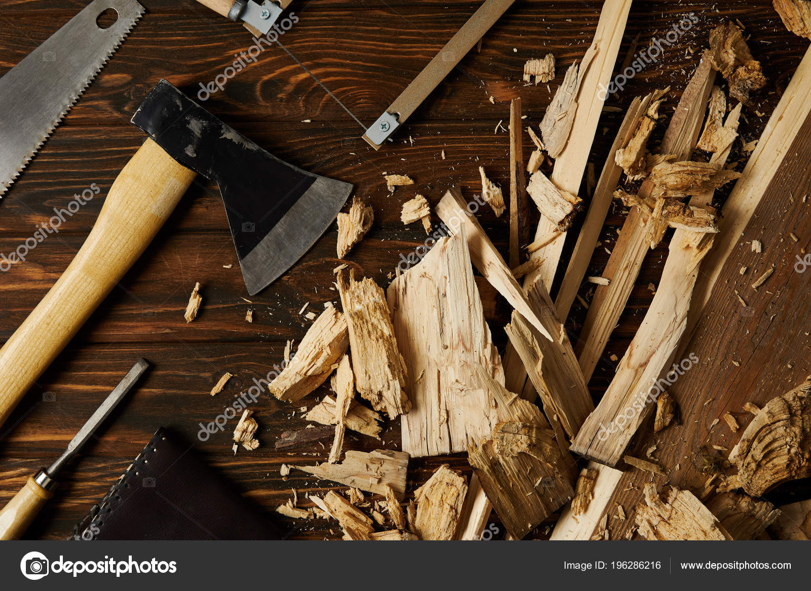 Axe Chisel Handsaw Wooden Pieces Brown Tabletop — Stock Photo ...