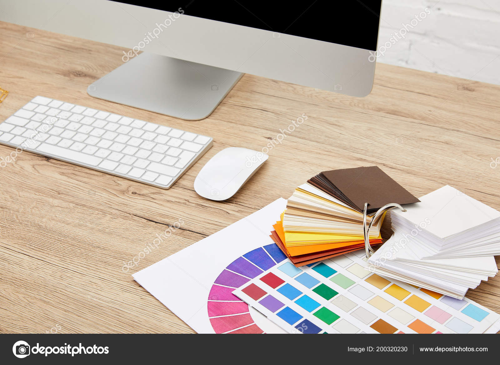 Close View Designer Workplace Computer Screen Keyboard Pallet Wooden ...