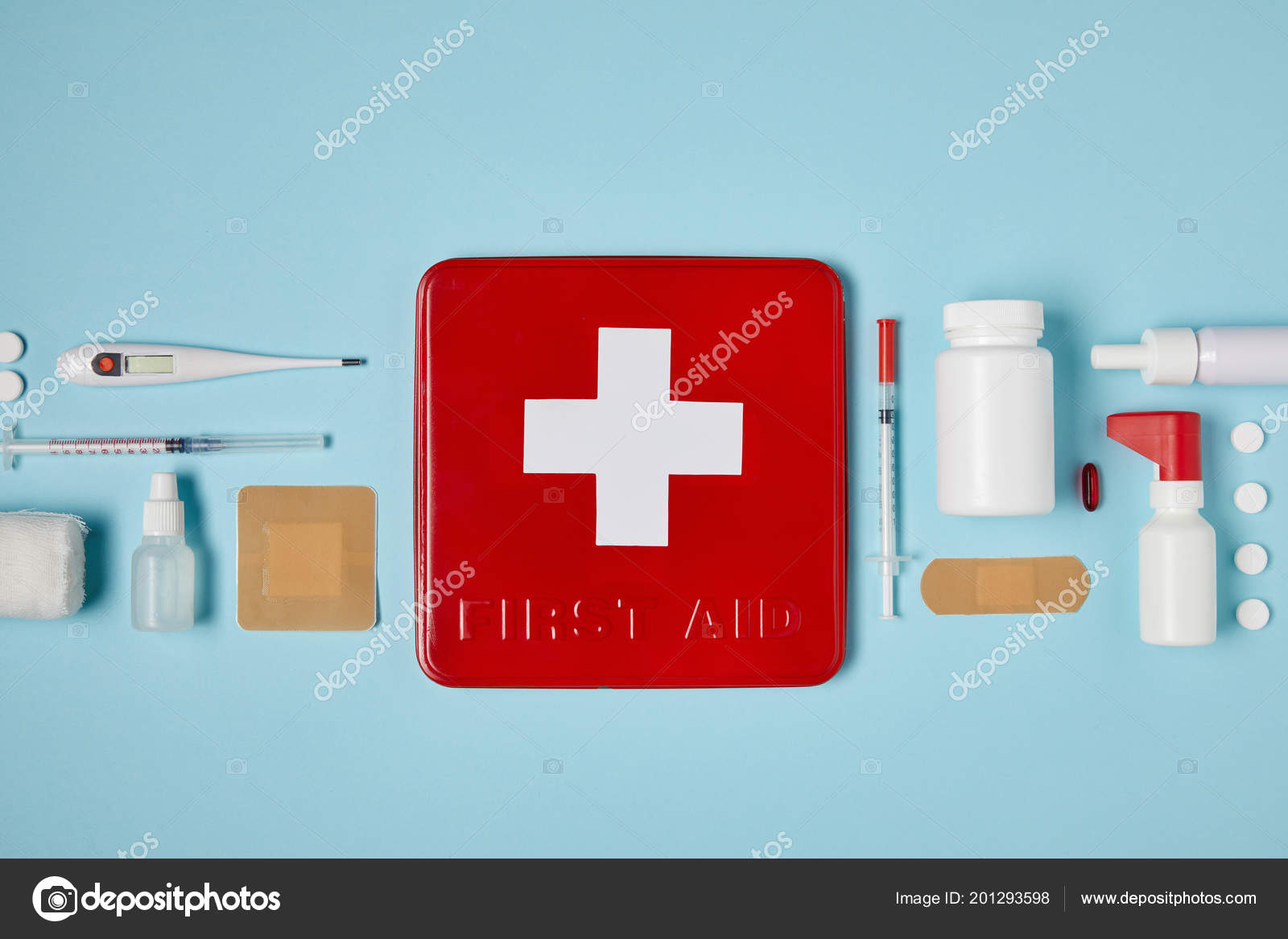 Top View Red First Aid Kit Box Blue Surface Medical — Stock Photo ...