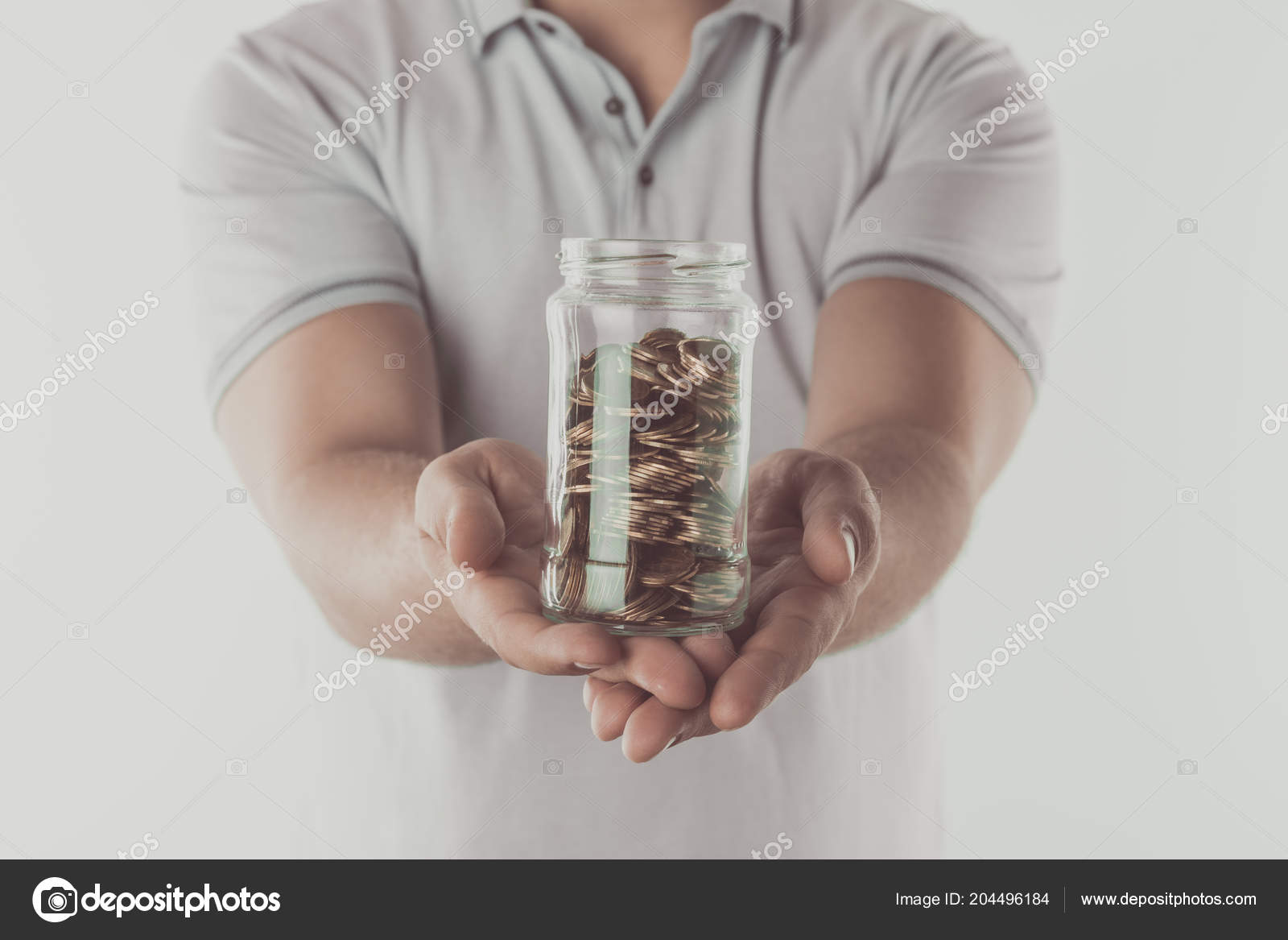 Cropped Image Man Showing Jar Coins Hands Isolated White Saving — Stock ...
