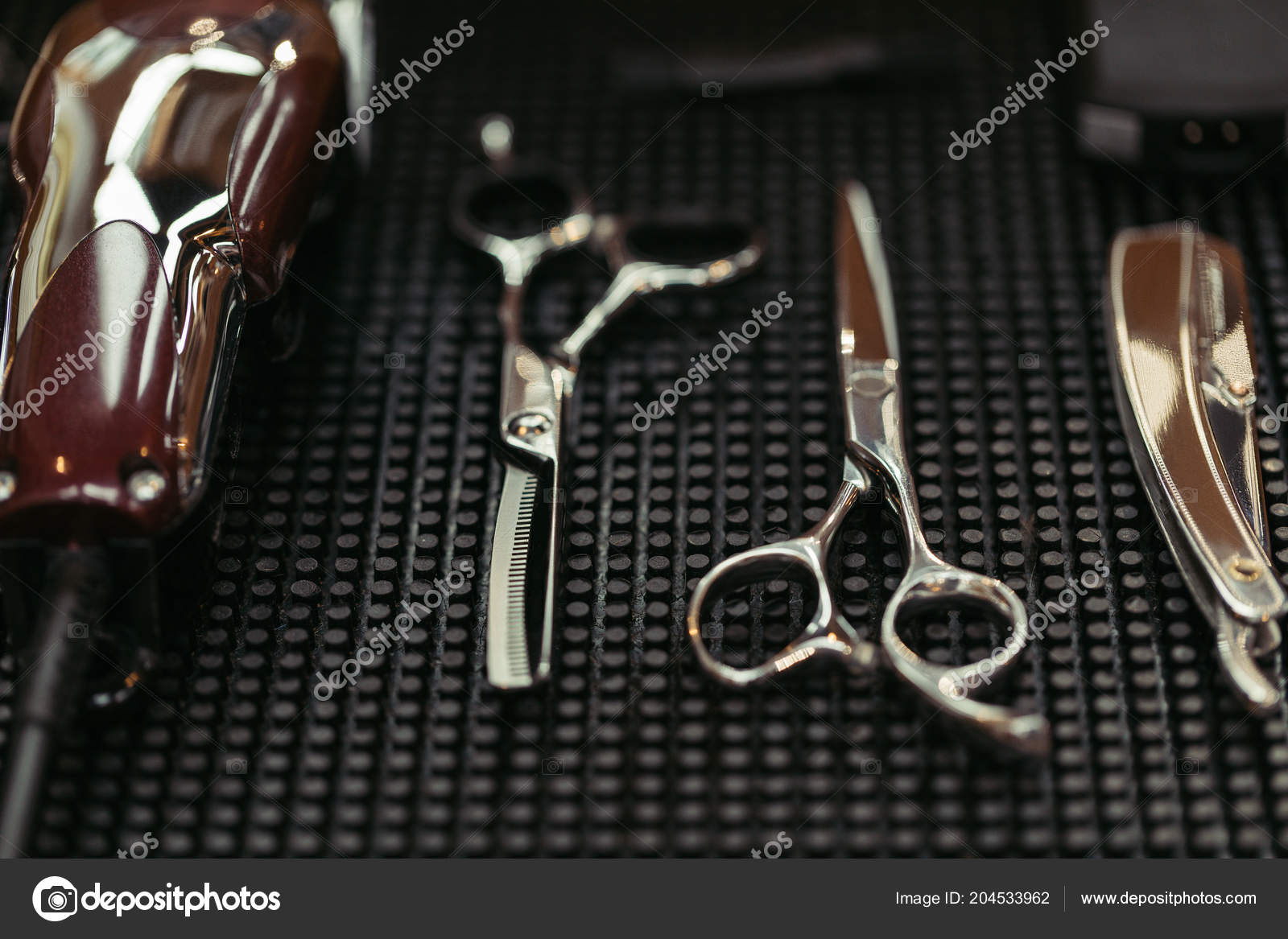 Close View Scissors Electric Clipper Straight Razor Barbershop — Stock ...