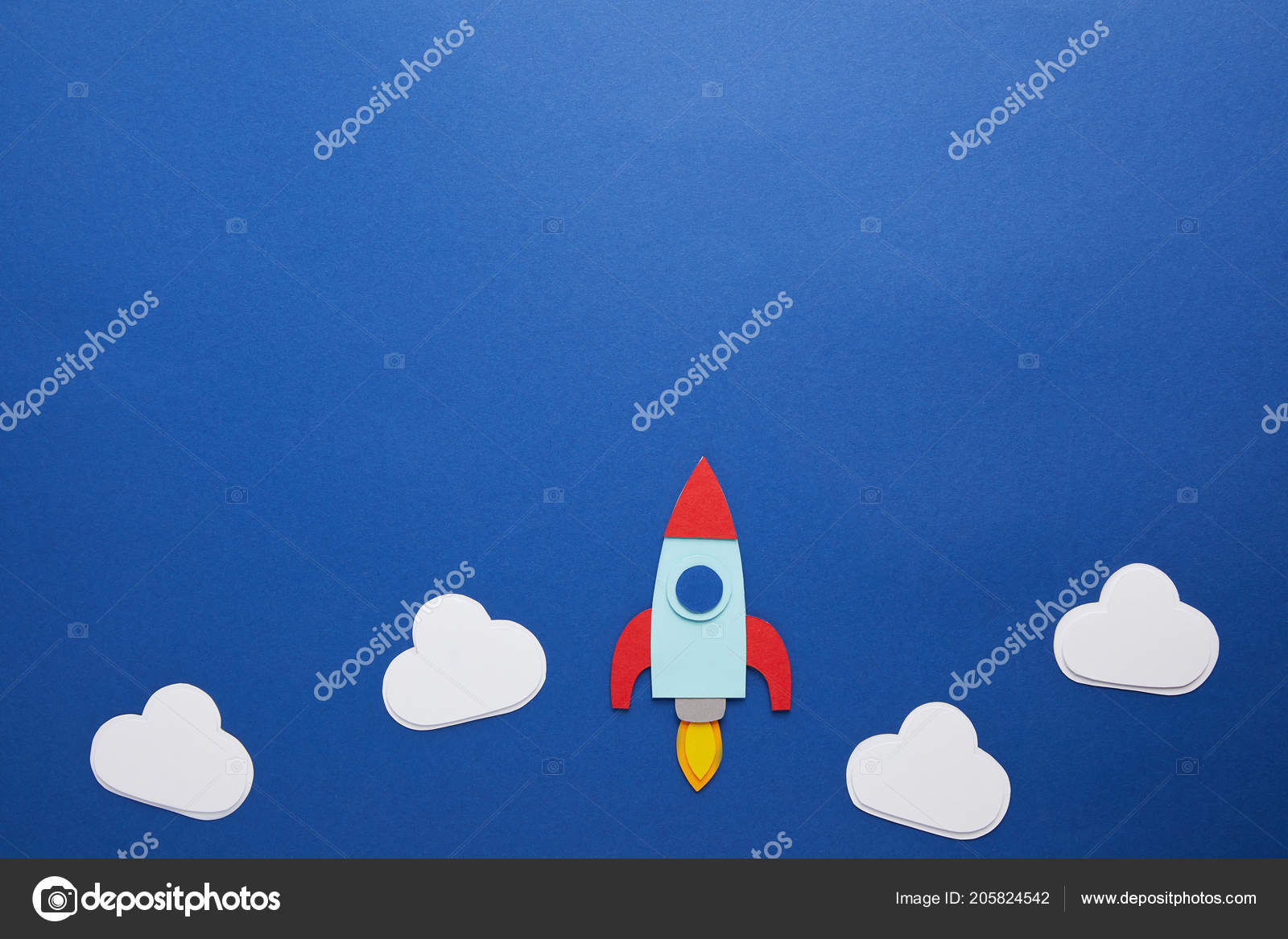 Clouds Rocket Blue Paper Background Copy Space — Stock Photo ...