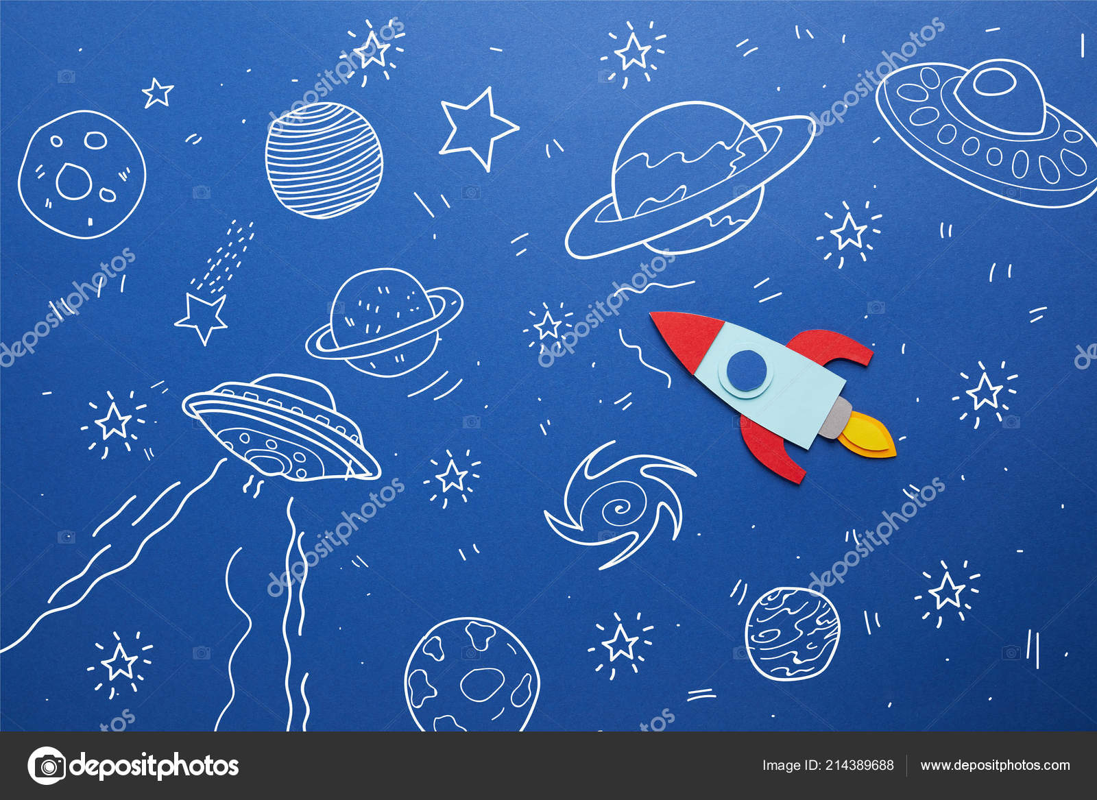 Creative Rocket Blue Paper Background Universe Icons Stock Illustration ...