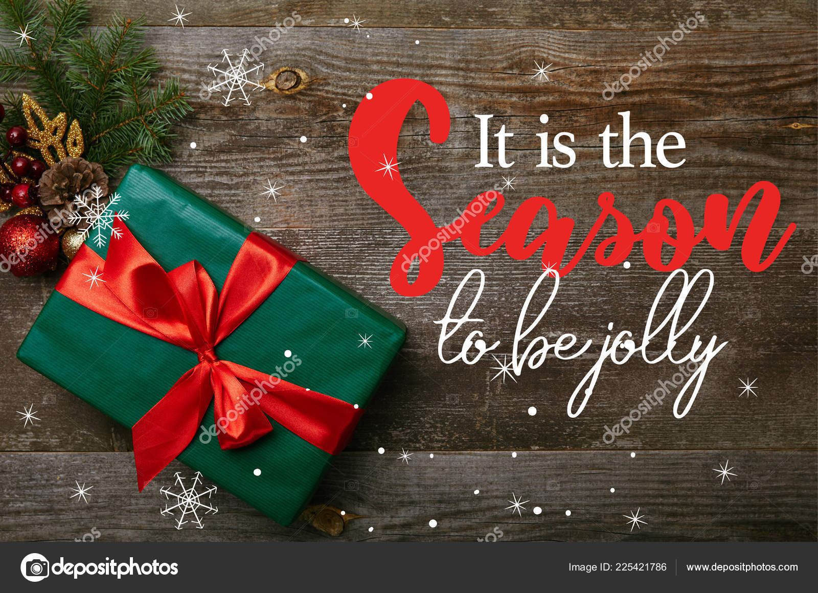 Top View Wrapped Green Present Red Ribbon Christmas Toys Wooden — Stock ...