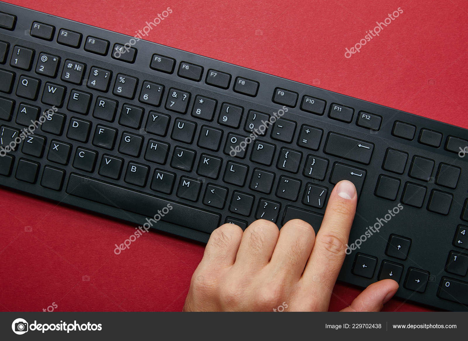 Top View Man Pushing Button Black Computer Keyboard Red Background ...