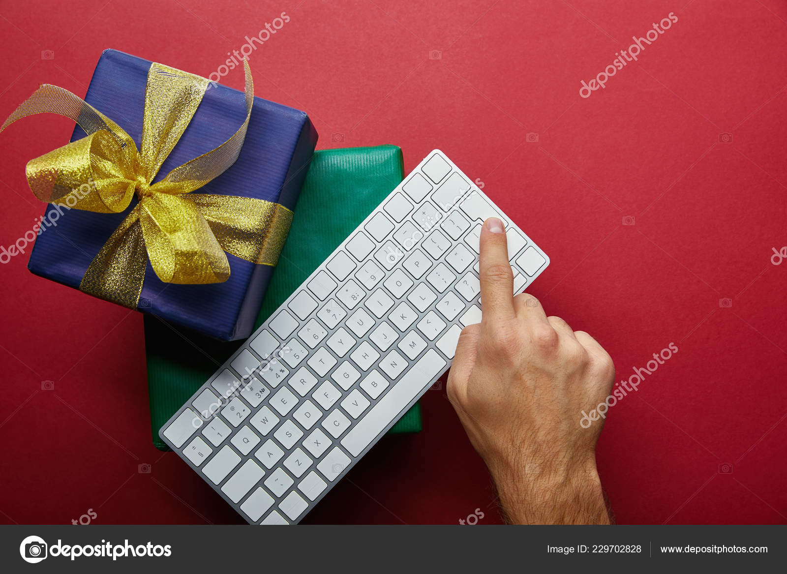 Top View Man Pushing Button Computer Keyboard Presents Red Background ...