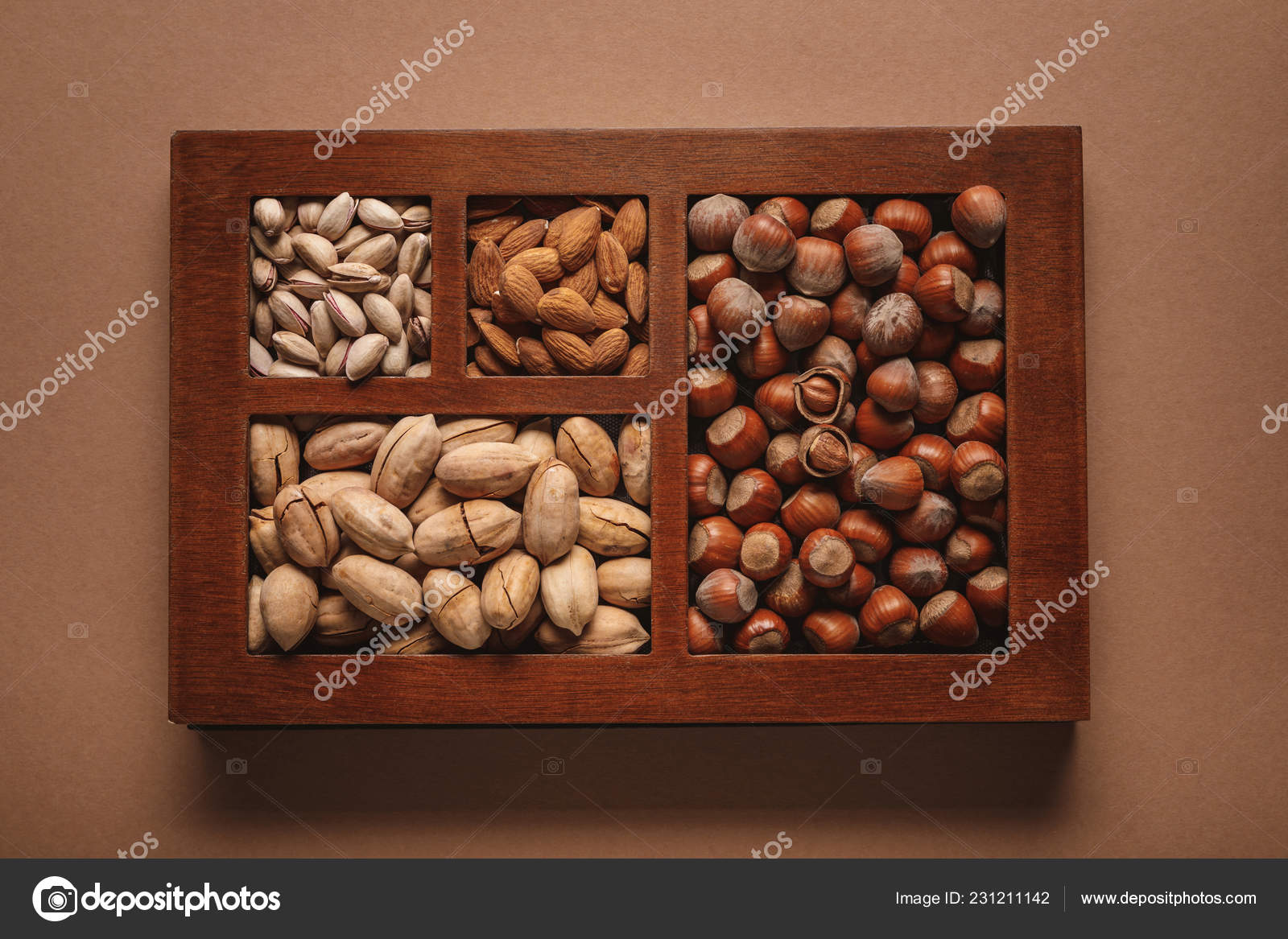 Top View Assortment Various Nuts Box Brown Background — Free Stock ...