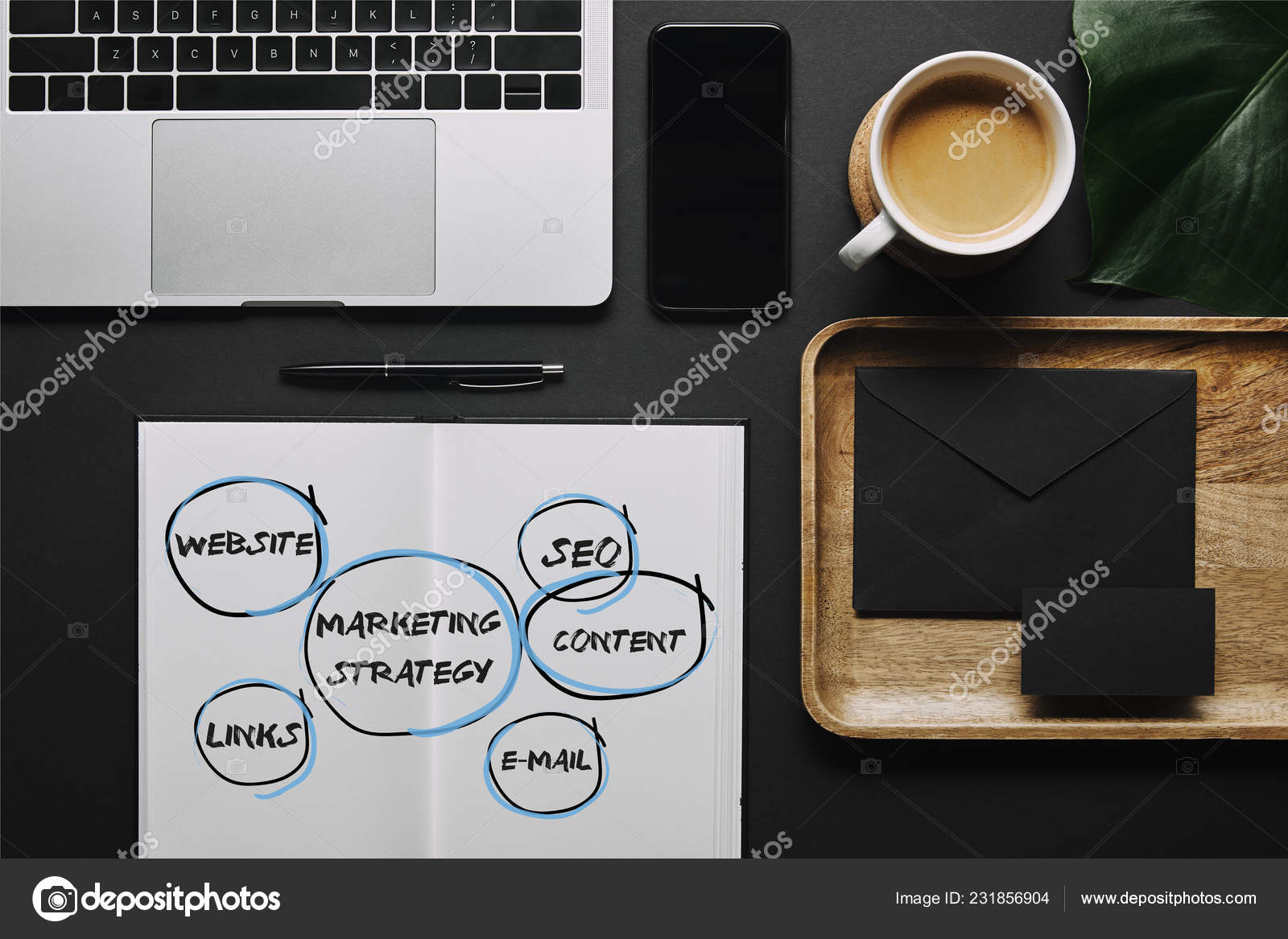 Open Notebook Marketing Strategy Icons Stationery Laptop Black ...