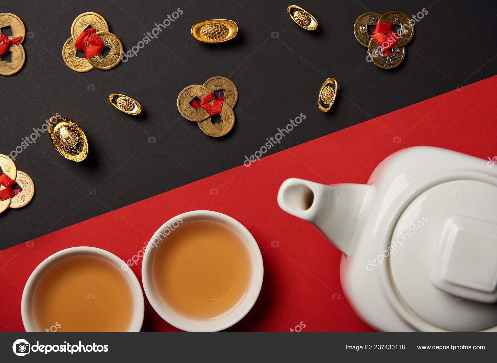 Top View Tea Pot Cups Gold Ingots Feng Shui Coins ⬇ Stock Photo, Image ...
