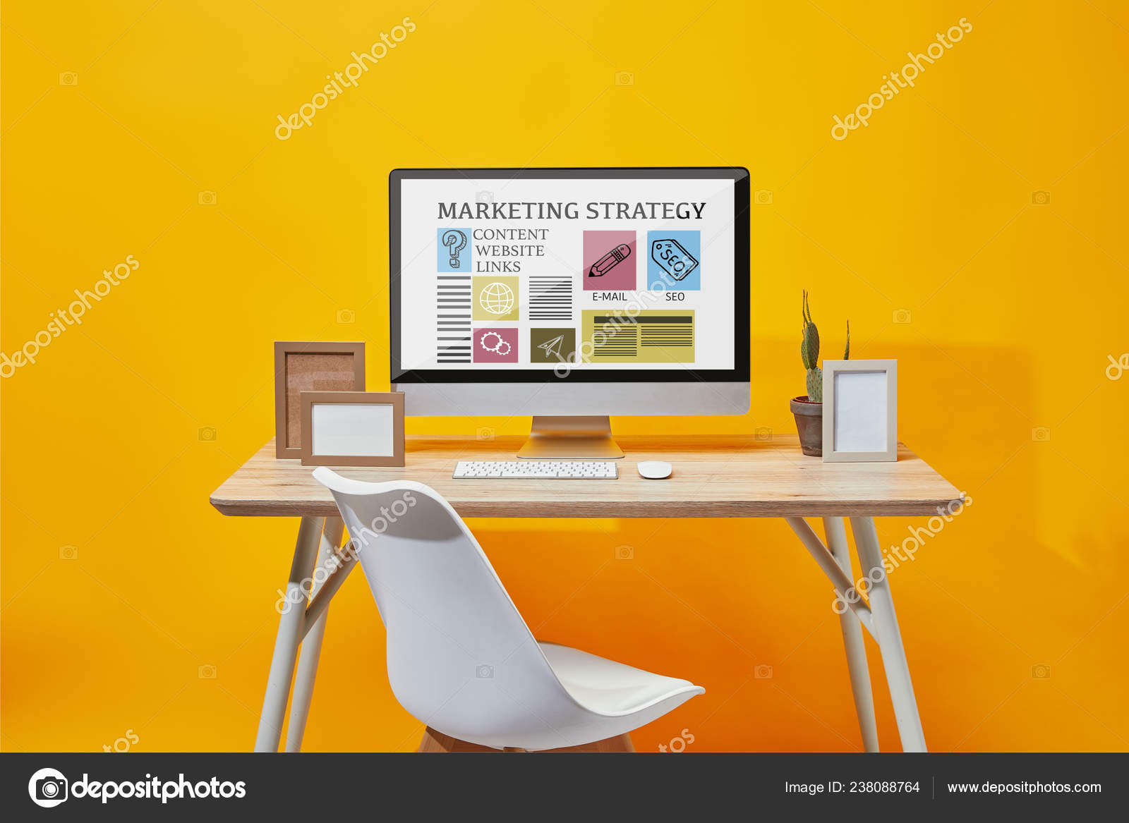 Computer Marketing Strategy Website Screen Wooden Table Yellow ...