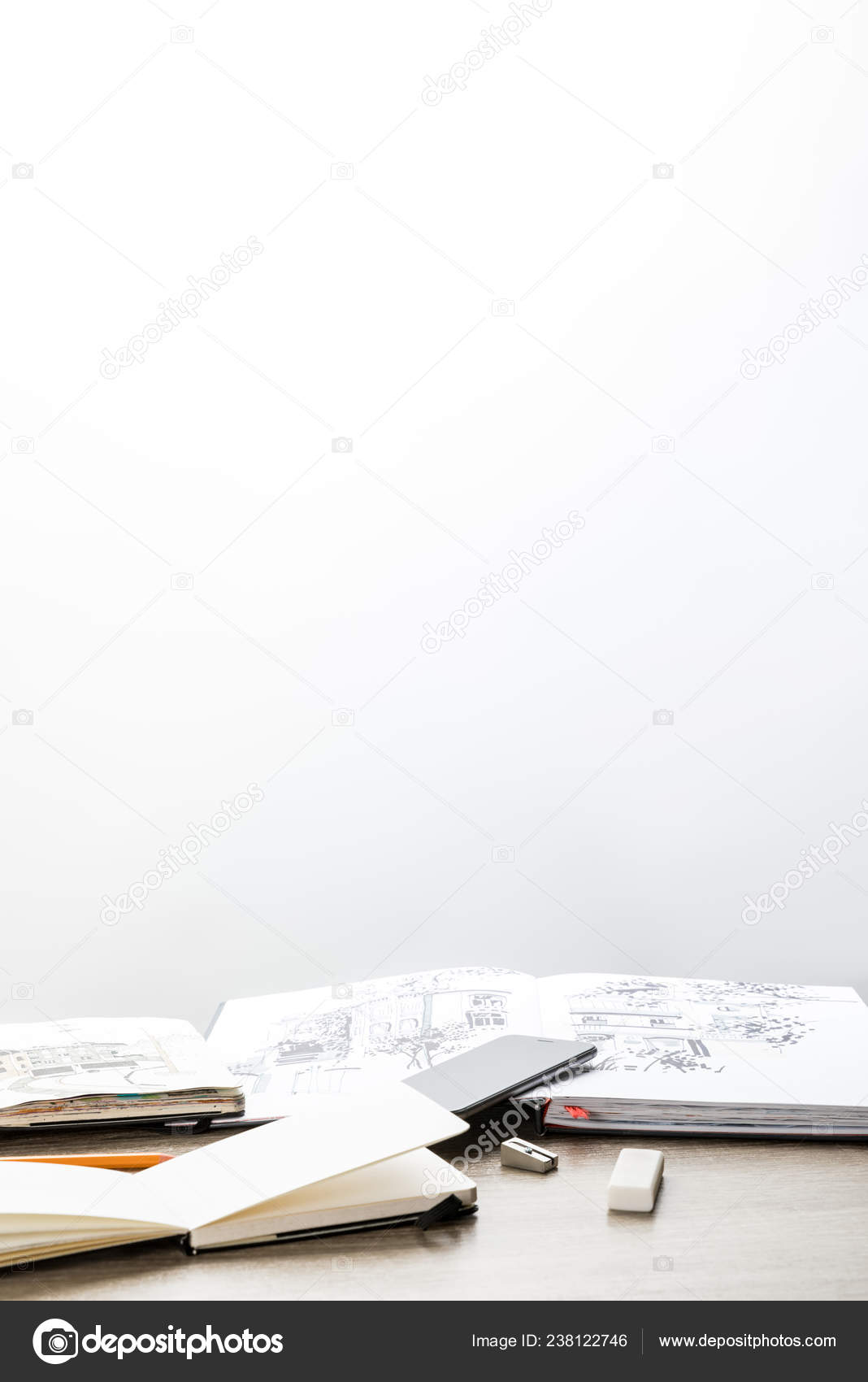 Selective Focus Drawing Albums Drawing Utensils Wooden Table — Stock ...