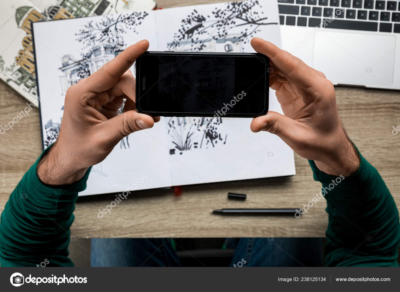 Partial View Man Taking Drawing Photo Smartphone Album Lying Wooden ...