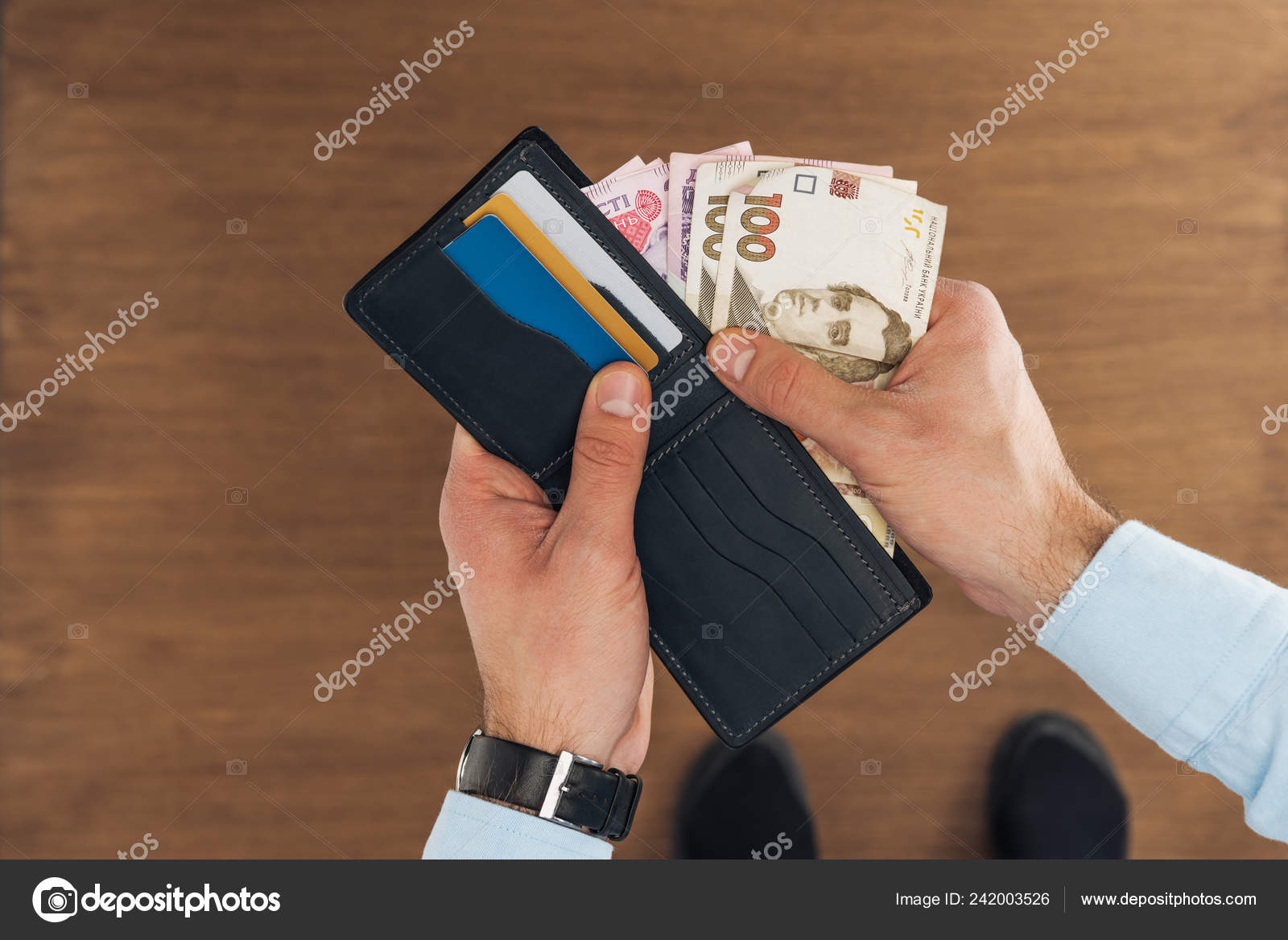 Top View Man Taking Wallet Credit Cards Hryvnyas Banknotes Wooden Stock ...
