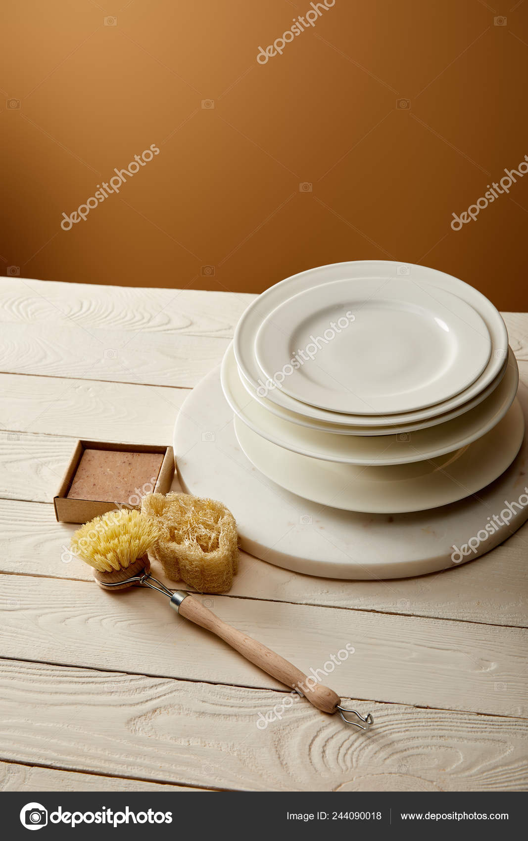 Stacked Plates Various Cleaning Items White Wooden Surface Zero Waste ...
