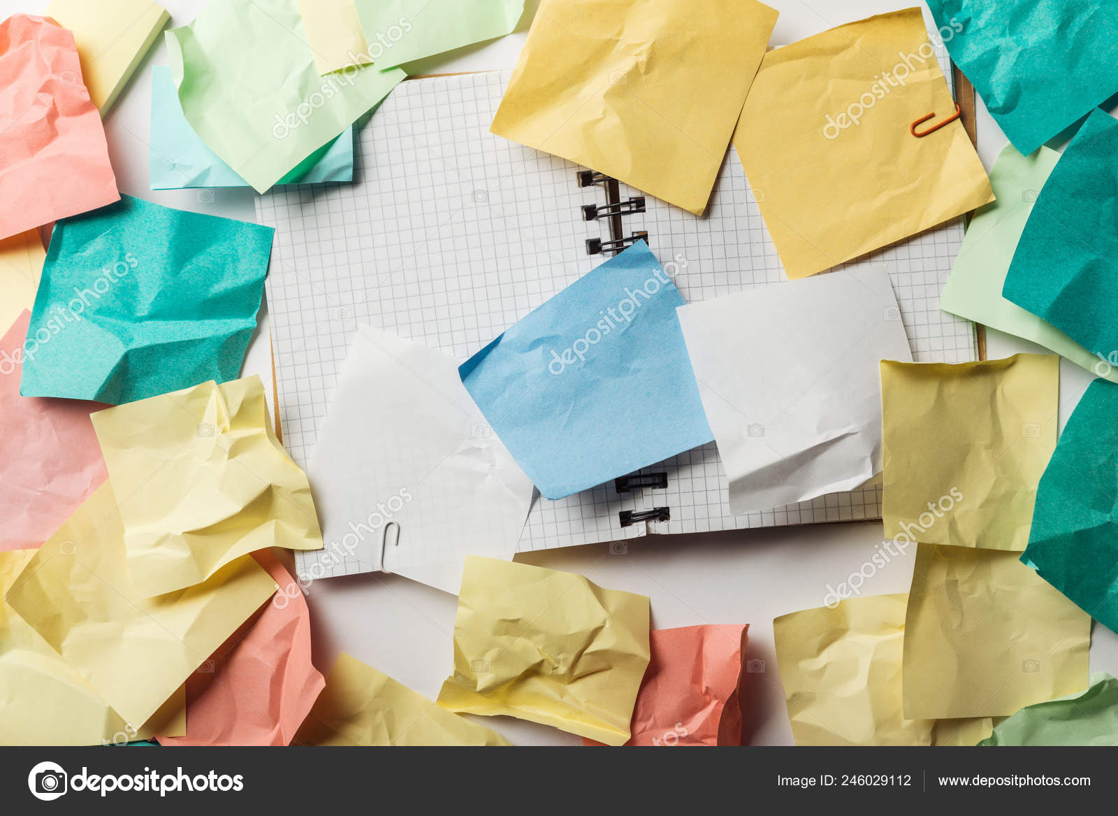 Top View Opened Notebook Squared Papers Crumpled Sticky Notes — Stock ...