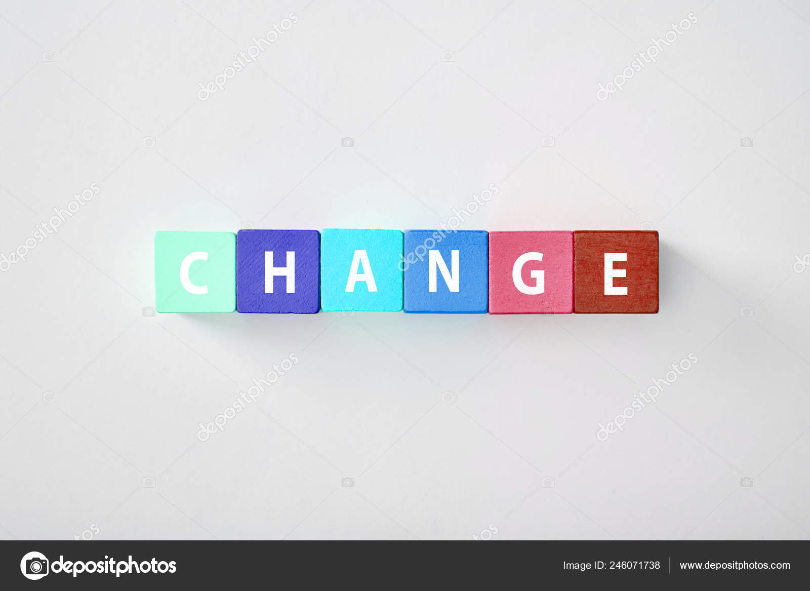 Top View Change Lettering Made Multicolored Cubes Grey Background Stock ...