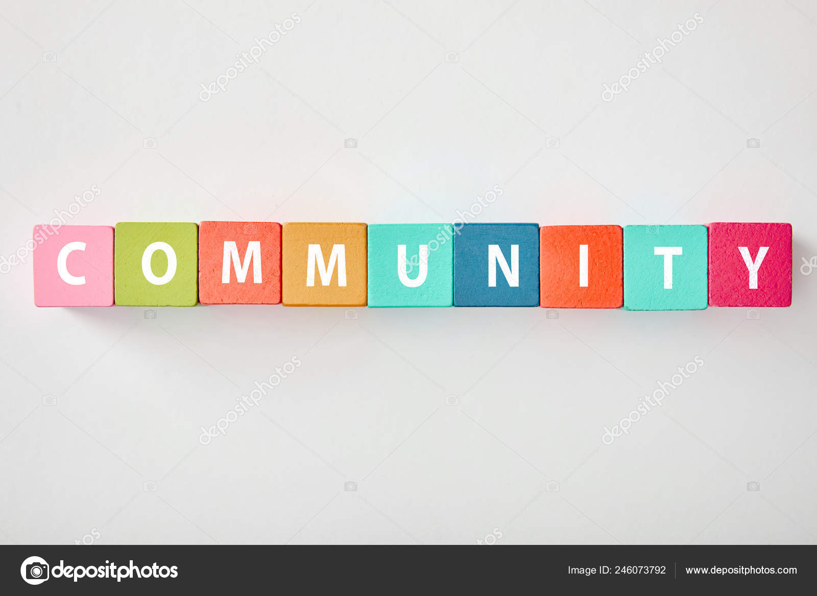 Top View Community Lettering Made Multicolored Cubes Grey Background ...