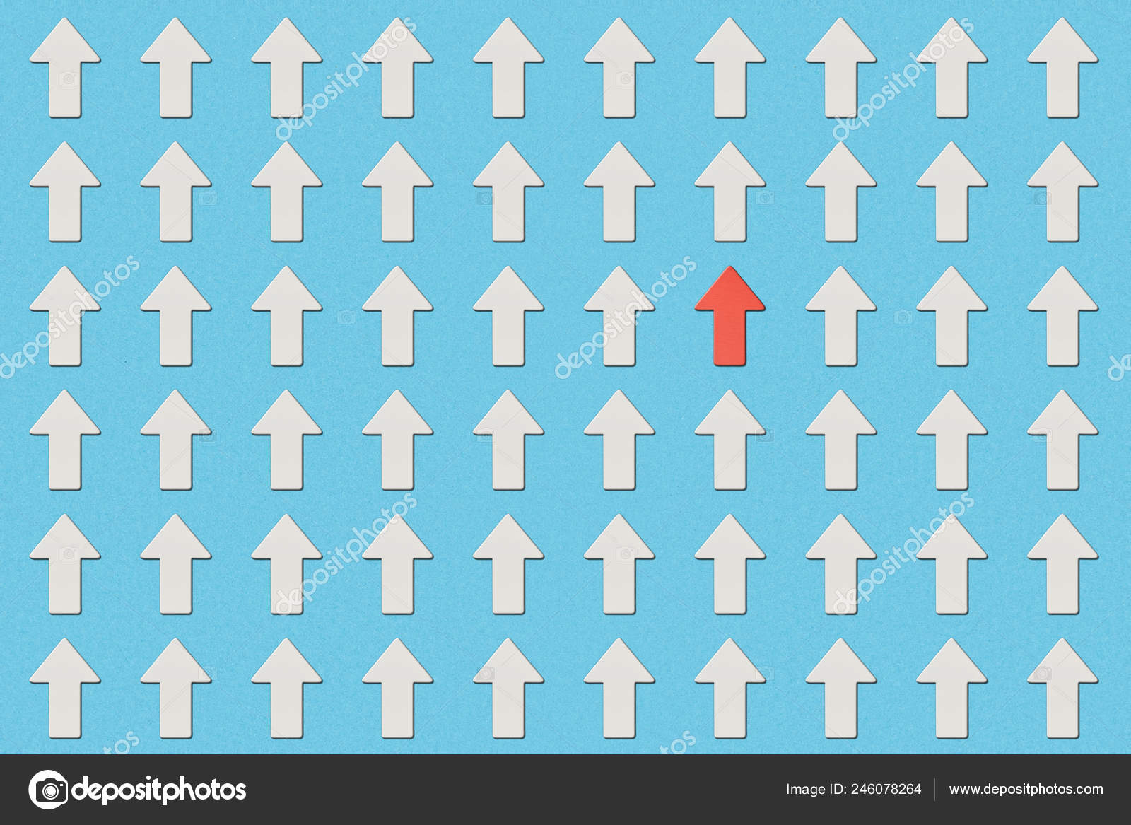 Top View Rows White Pointers Red Arrow Blue Background — Stock Photo ...