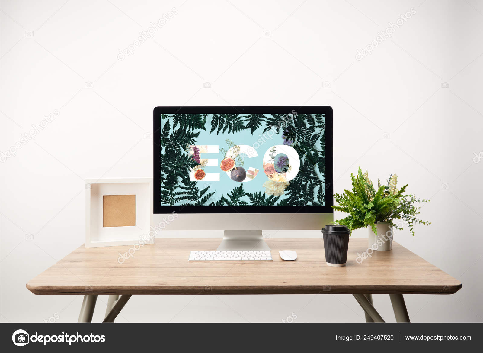 Computer Green Leaves Eco Lettering Monitor Wooden Desk — Stock Photo ...