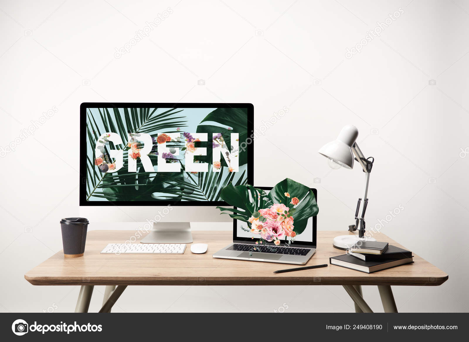Computer Green Lettering Monstera Leaves Illustration Monitor Wooden ...