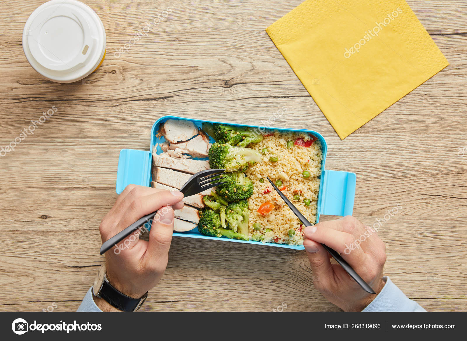 Cropped View Man Eating Healthy Lunch Risotto Broccoli Chicken Wooden ...