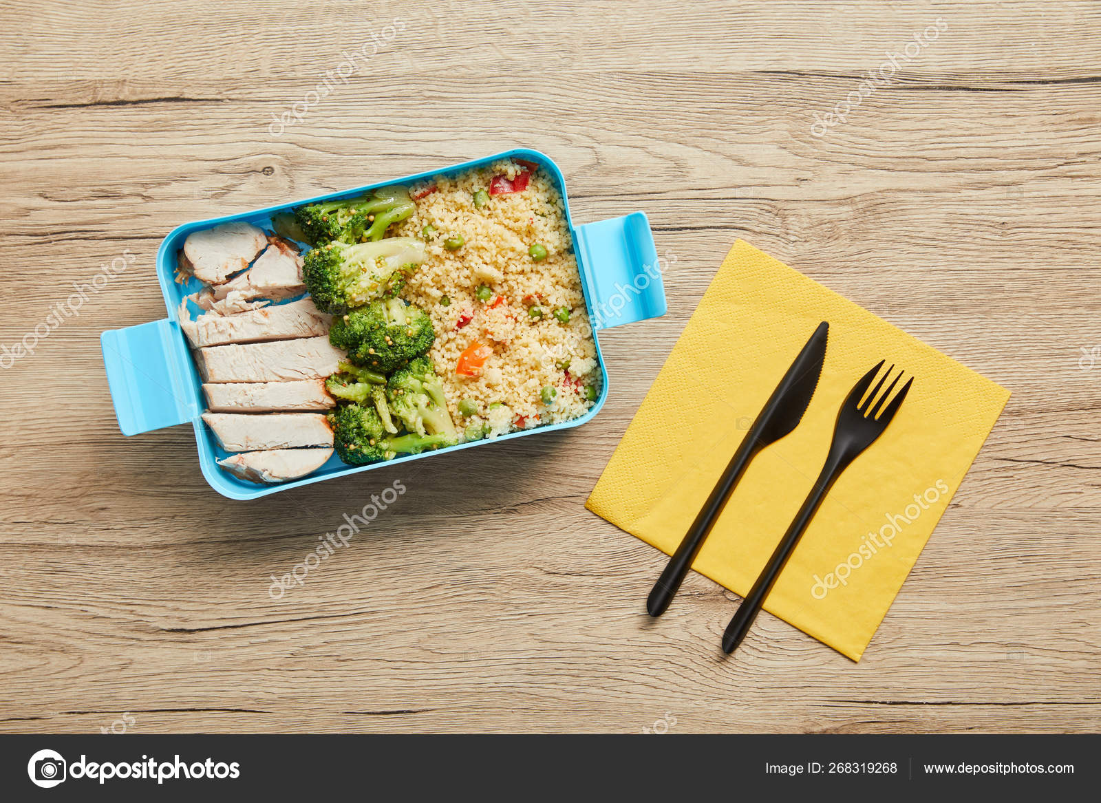 Top View Plastic Lunch Box Risotto Chicken Broccoli Wooden Table Stock ...
