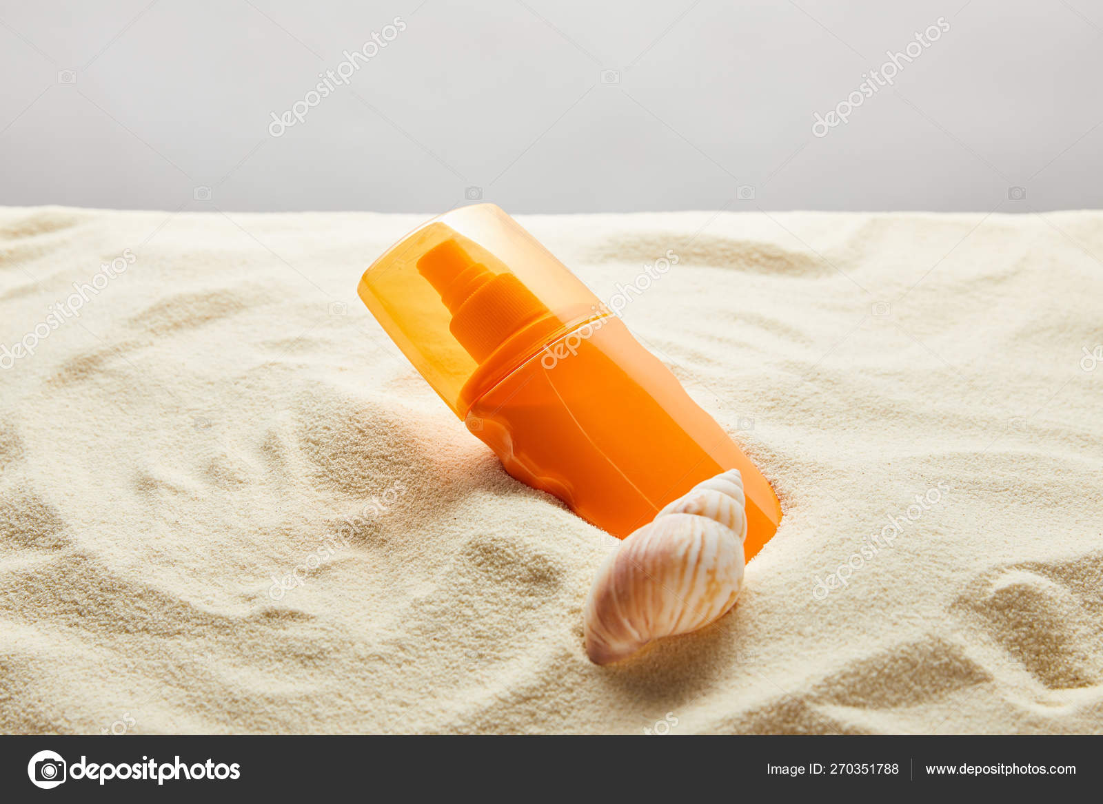 Sunscreen Orange Bottle Sand Seashell Grey Background — Stock Photo ...