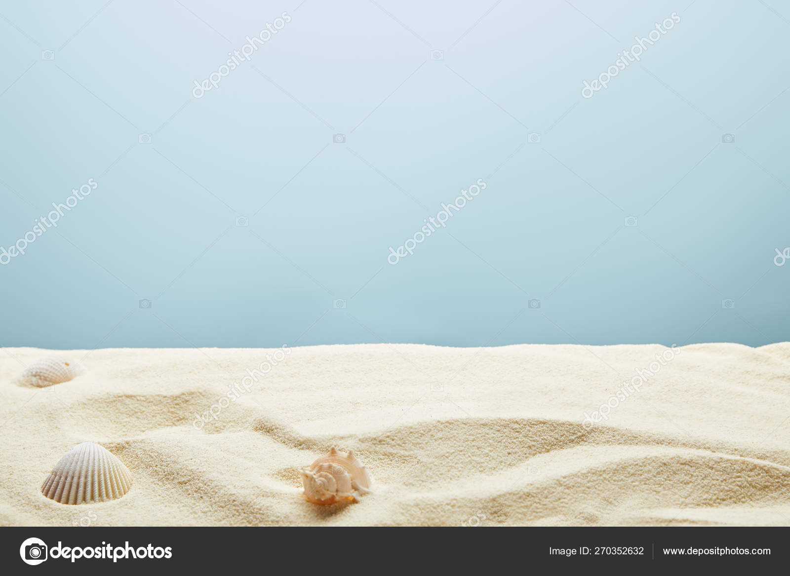 Scattered Seashells Textured Sand Blue Background — Stock Photo ...