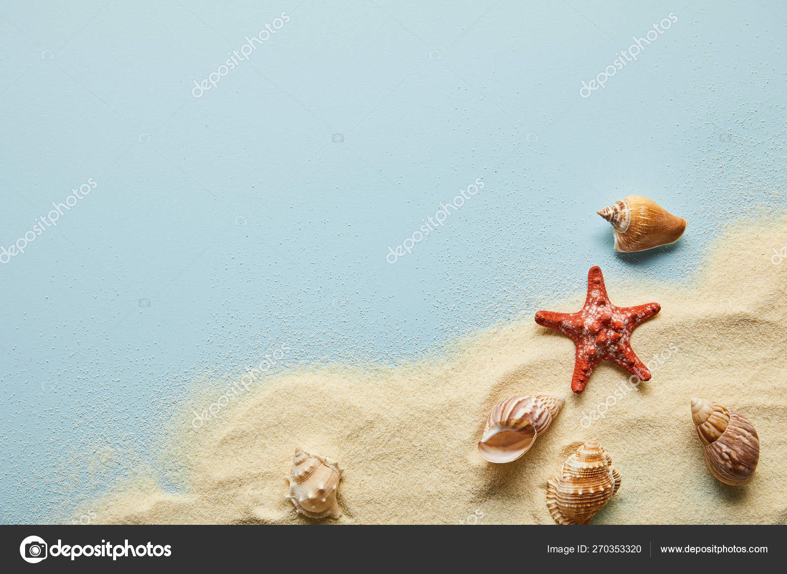 Top View Textured Wavy Golden Sand Seashells Starfish Blue Background ...