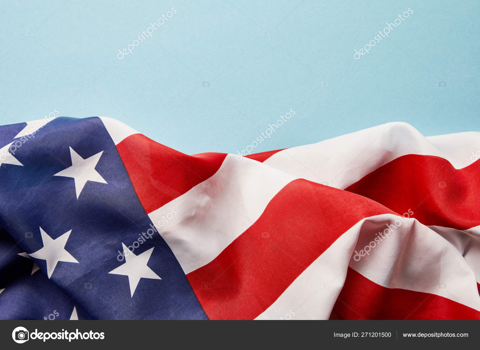 Close View American Crumpled National Flag Blue Background Copy Space ...