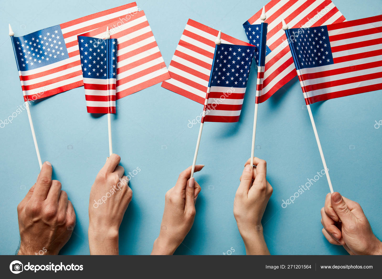Partial View People Holding American Flags Blue Background — Stock ...