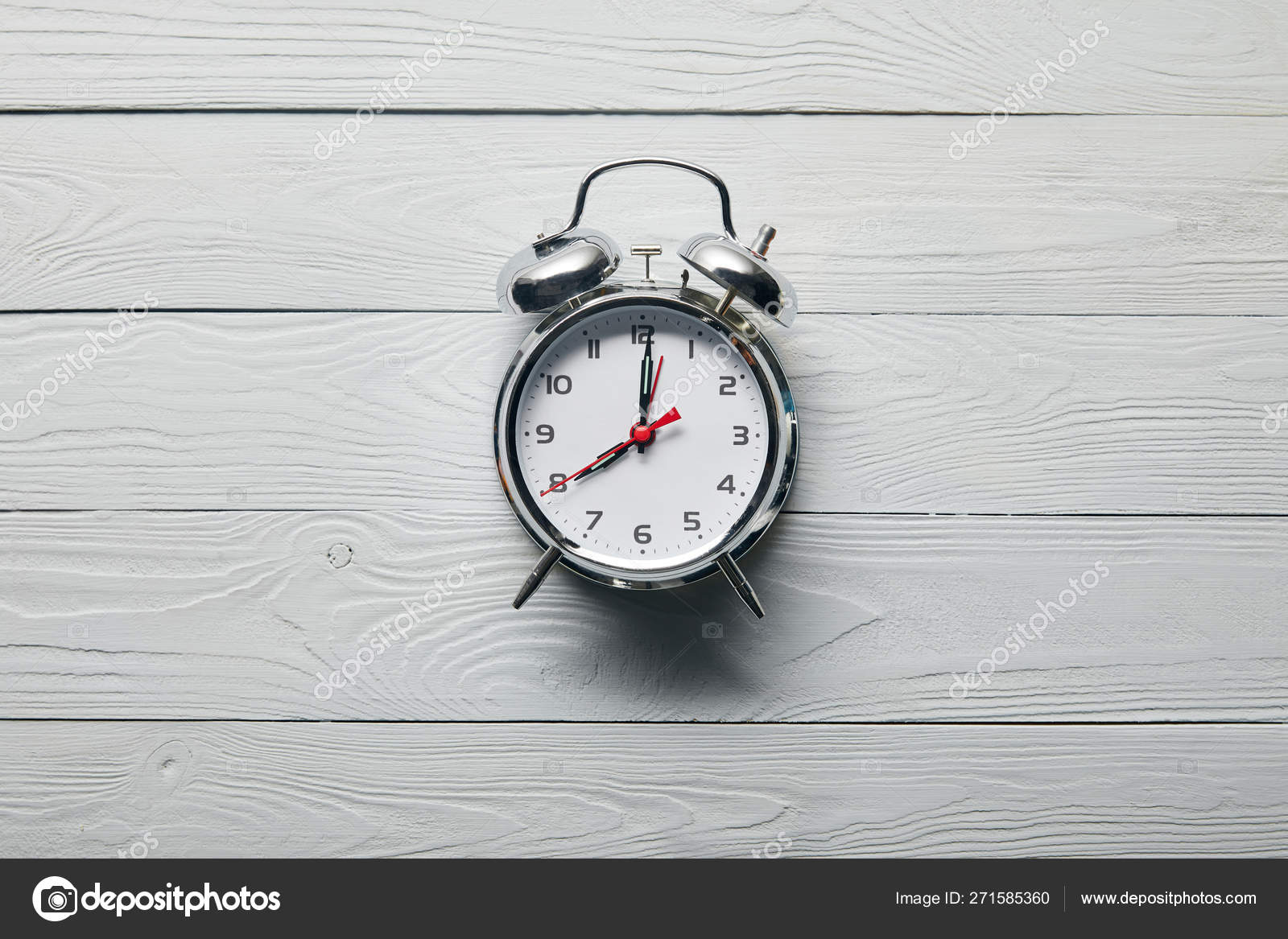 Top View Silver Alarm Clock Wooden White Background Stock Photo by ...
