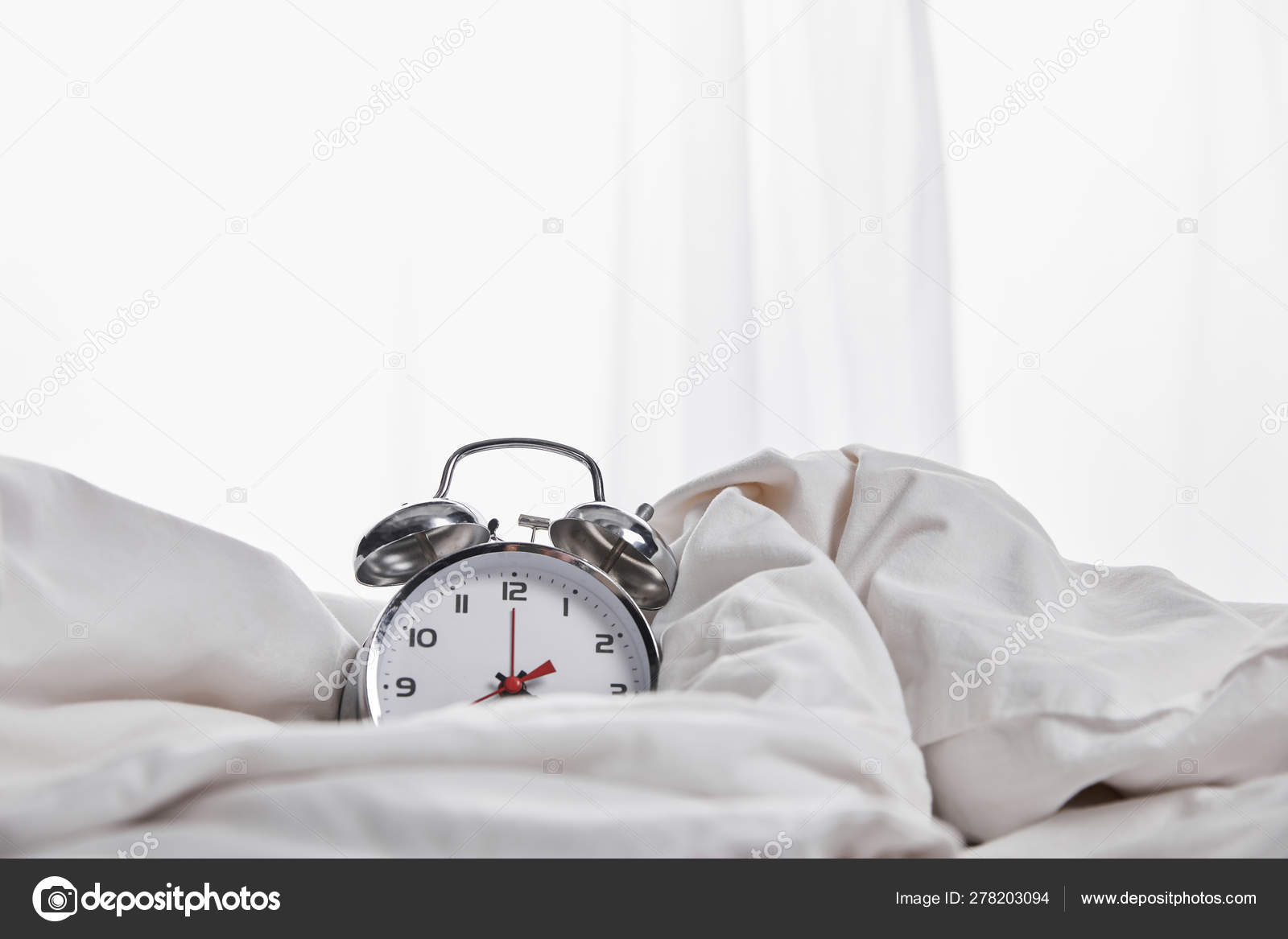 Silver Alarm Clock Covered Blanket White Bed — Stock Photo ...