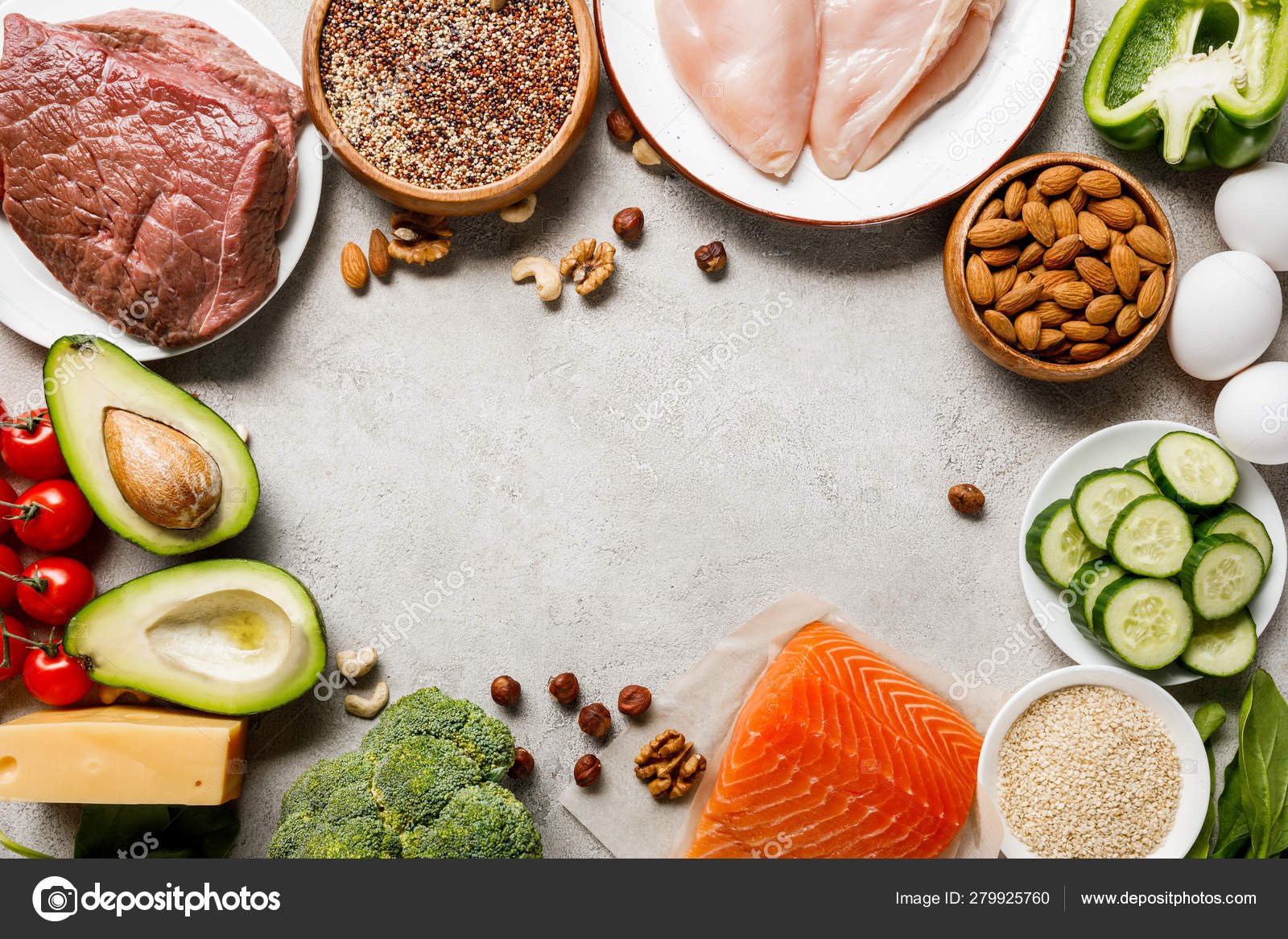 Top View Raw Ketogenic Diet Ingredients Grey Background Copy Space ...