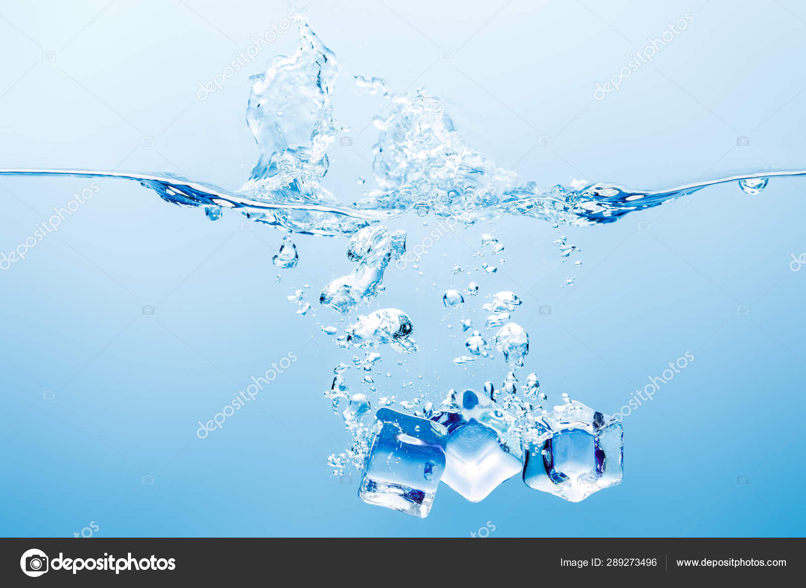 Pure Water Splash Bubbles Ice Cubes Blue Background — Stock Photo ...