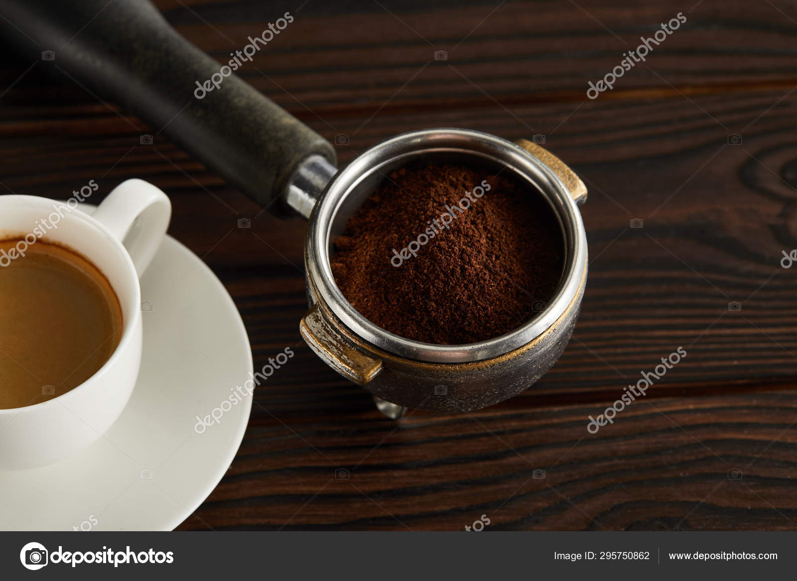 Portafilter Fresh Ground Coffee Cup Espresso Dark Wooden Surface Stock ...